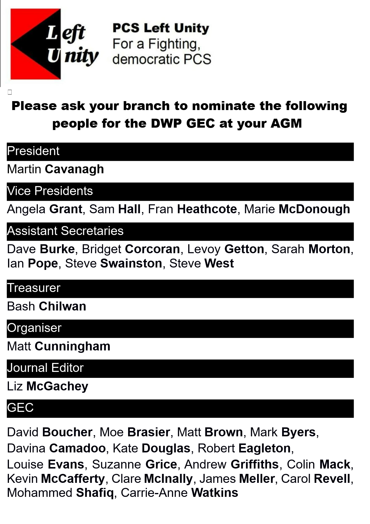 DWP Left Unity election slate 2021 | PCS Left Unity