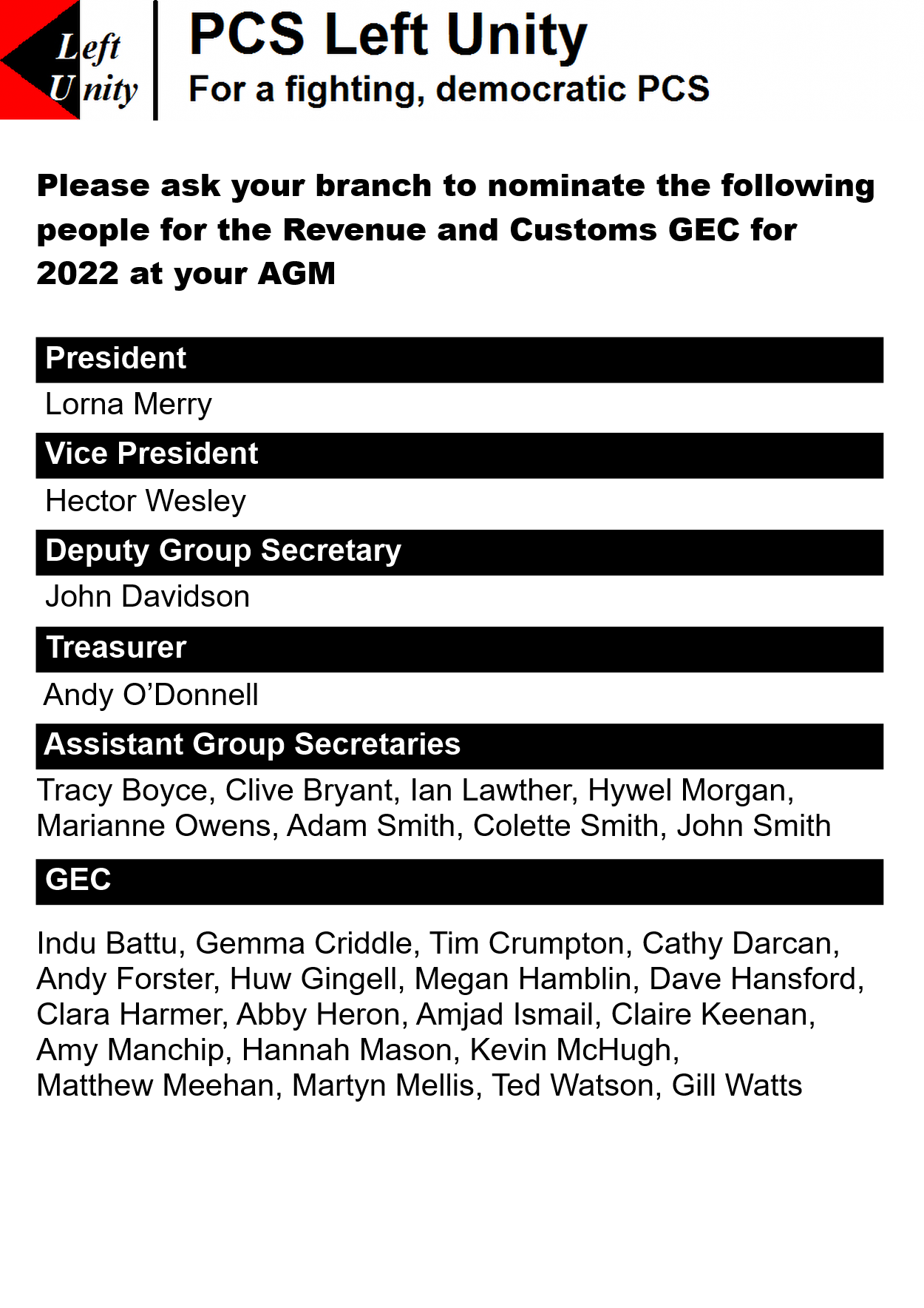 HMRC Left Unity Slate 2022 | PCS Left Unity