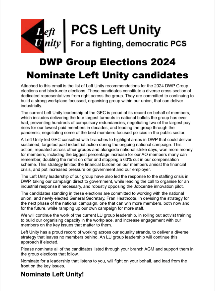 DWP Left Unity GEC nominations | PCS Left Unity