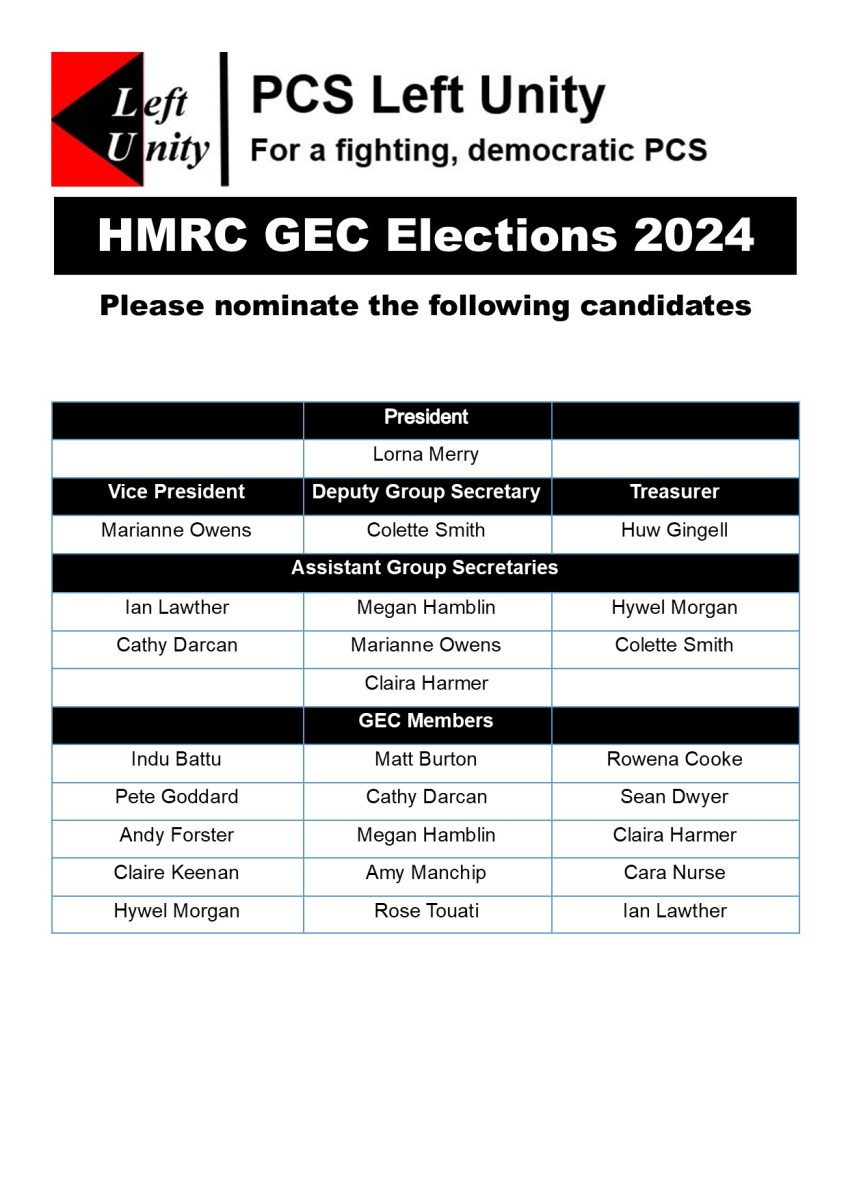 Left Unity HMRC GEC candidate statements 2024 | PCS Left Unity